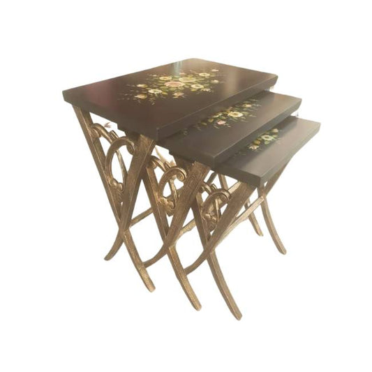 Black & Gold Cane Wooden Nesting Table | Doorpey.com